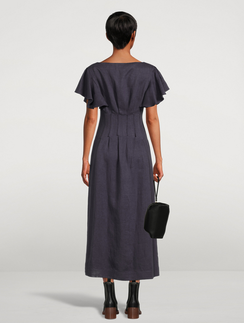 CHLOÉ Flutter-Sleeve Linen Midi Dress | Holt Renfrew