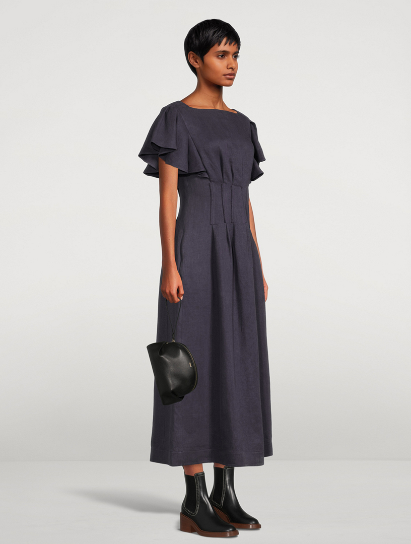 CHLOÉ Flutter-Sleeve Linen Midi Dress | Holt Renfrew
