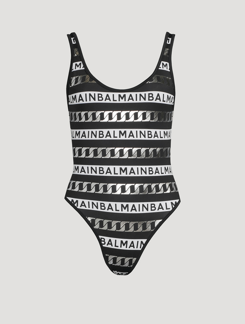 BALMAIN One-Piece Swimsuit In Stripes And Chain Print | Holt Renfrew