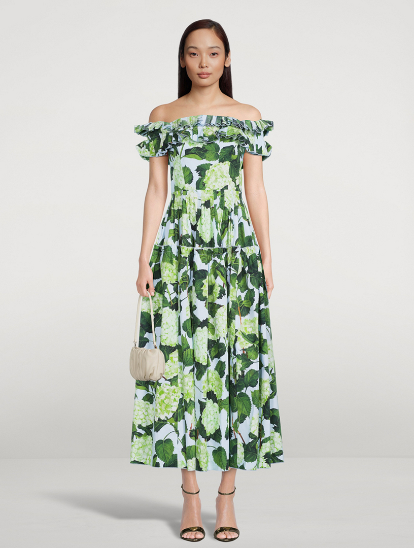 Oscar De La Renta Off The Shoulder Poplin Dress In Hydrangea Print