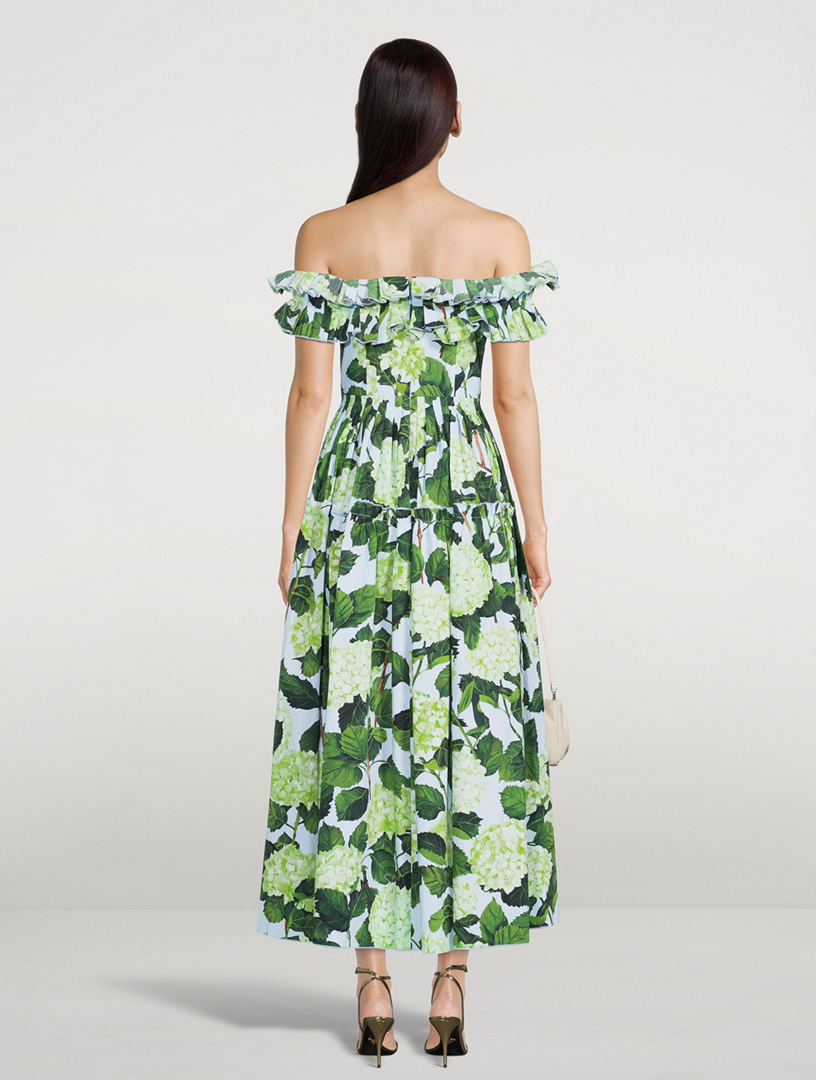 Oscar De La Renta Off The Shoulder Poplin Dress In Hydrangea Print