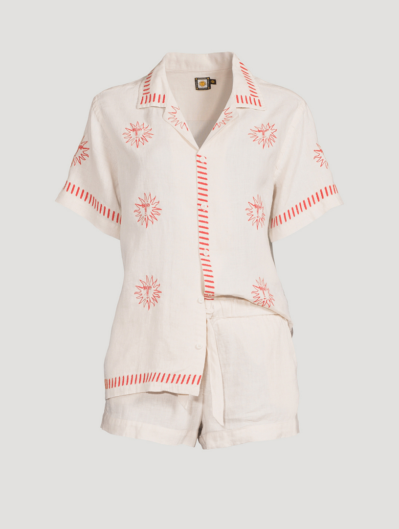 DESMOND & DEMPSEY Linen Cuban Pajama Set With Embroidery | Holt Renfrew