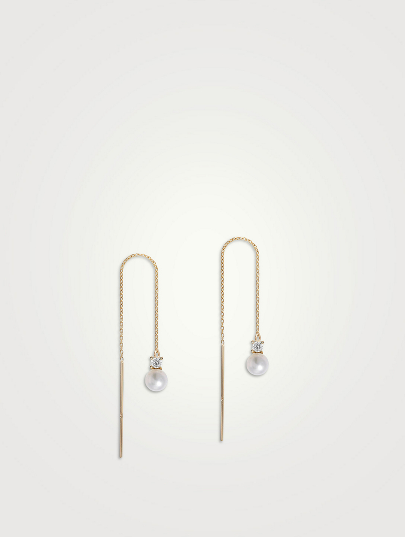 POPPY FINCH 14K Gold Petite Pearl Threader Earrings With Diamonds | Holt Renfrew