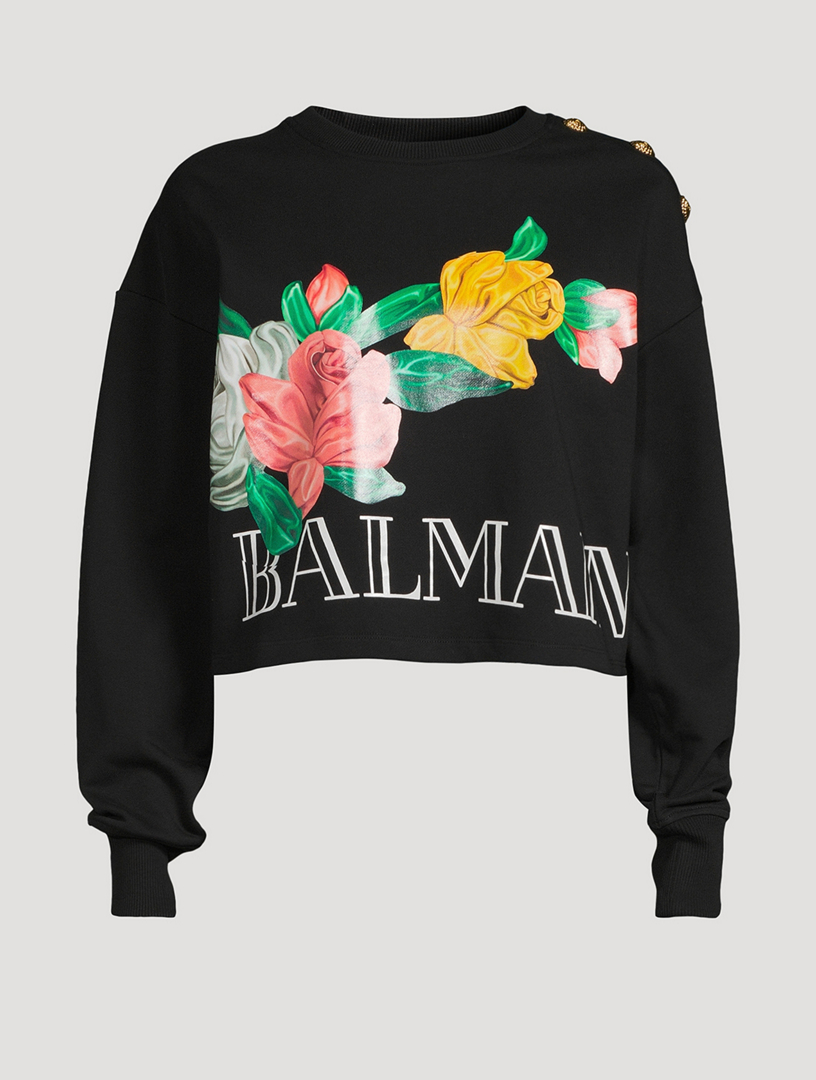 BALMAIN Cropped Sweatshirt In Roses Print | Holt Renfrew