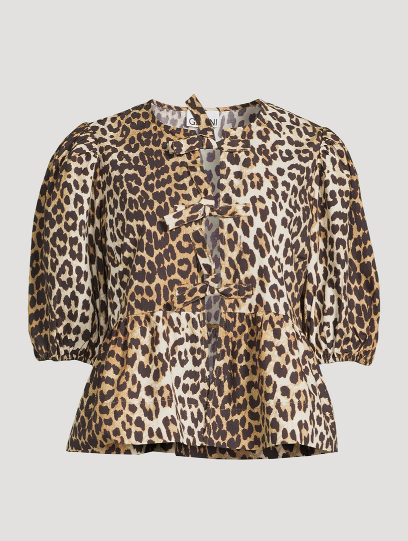 GANNI Tie-Front Poplin Blouse In Leopard Print | Holt Renfrew